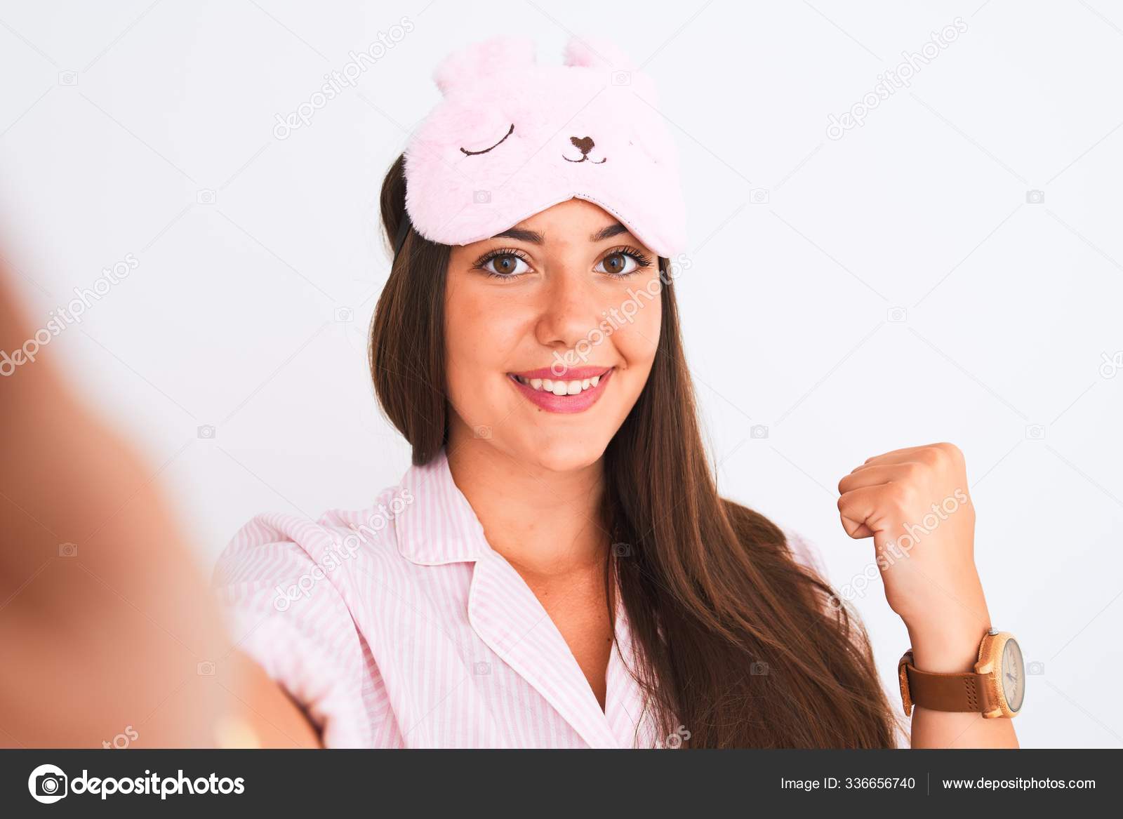 Girl Wearing Pajama Sleep Mask Make Selfie Camera Isolated White Stock ...