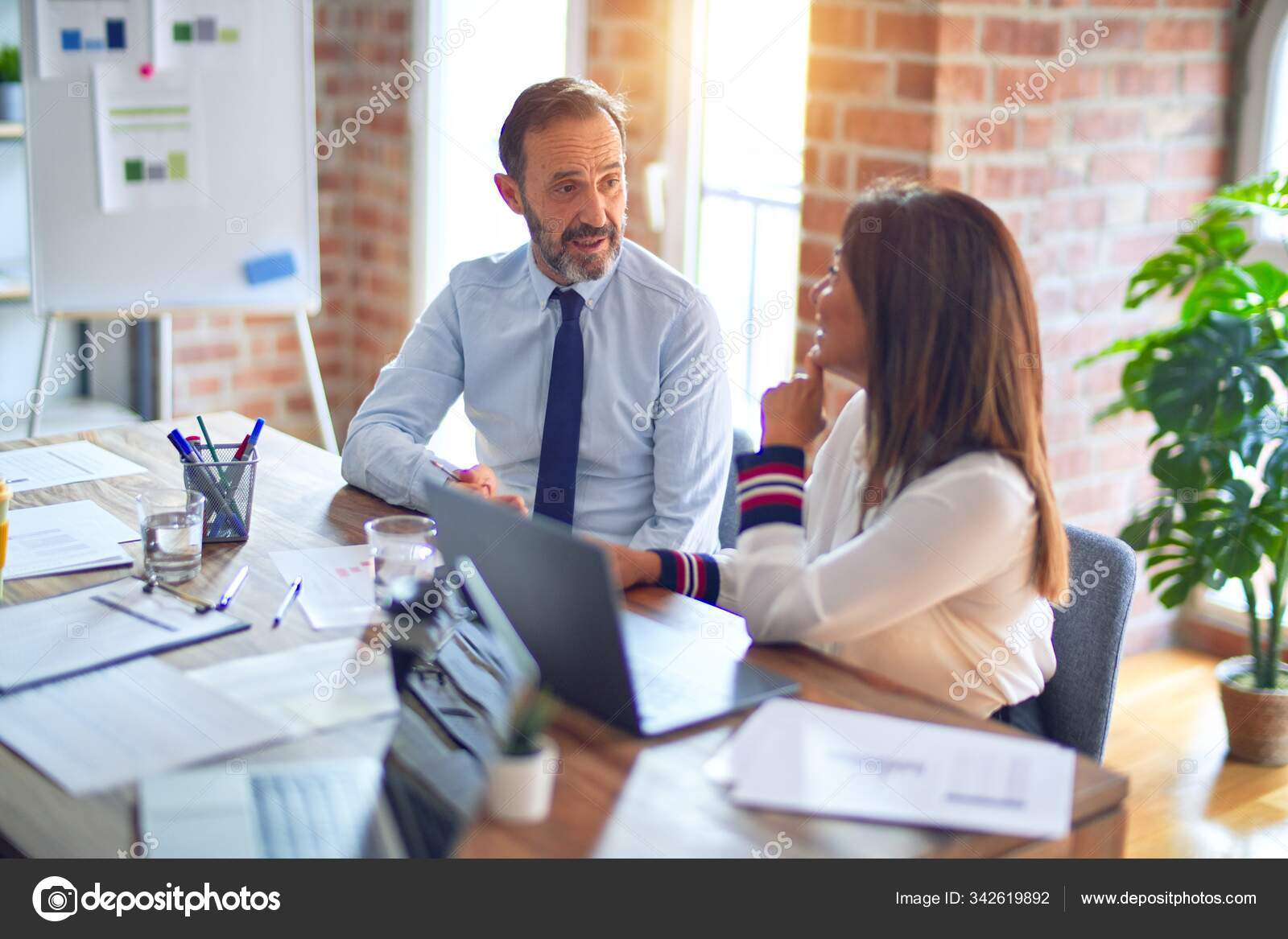 Two Middle Age Business Workers Smiling Happy Confident Working ...