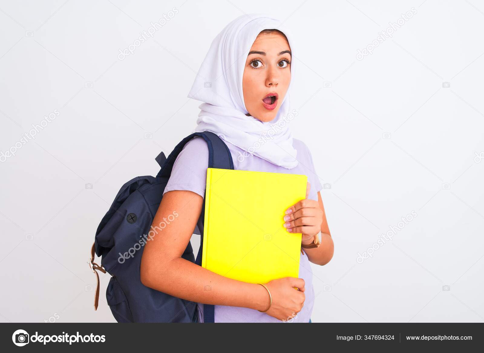 Arab Student Girl Wearing Hijab Backpack Holding Book Isolated White ...