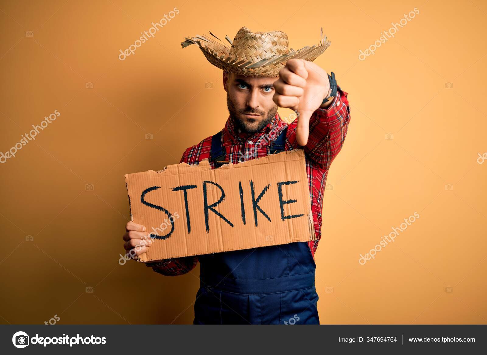 Young Rural Farmer Man Wearing Countryside Hat Strike Prostest Salary ...