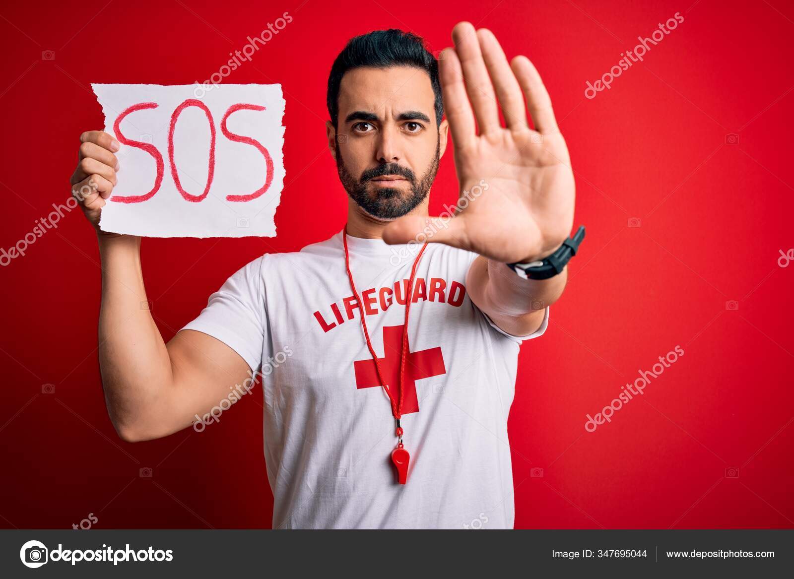 Young Handsome Lifeguard Man Beard Wearing Whistle Holding Sos Message ...