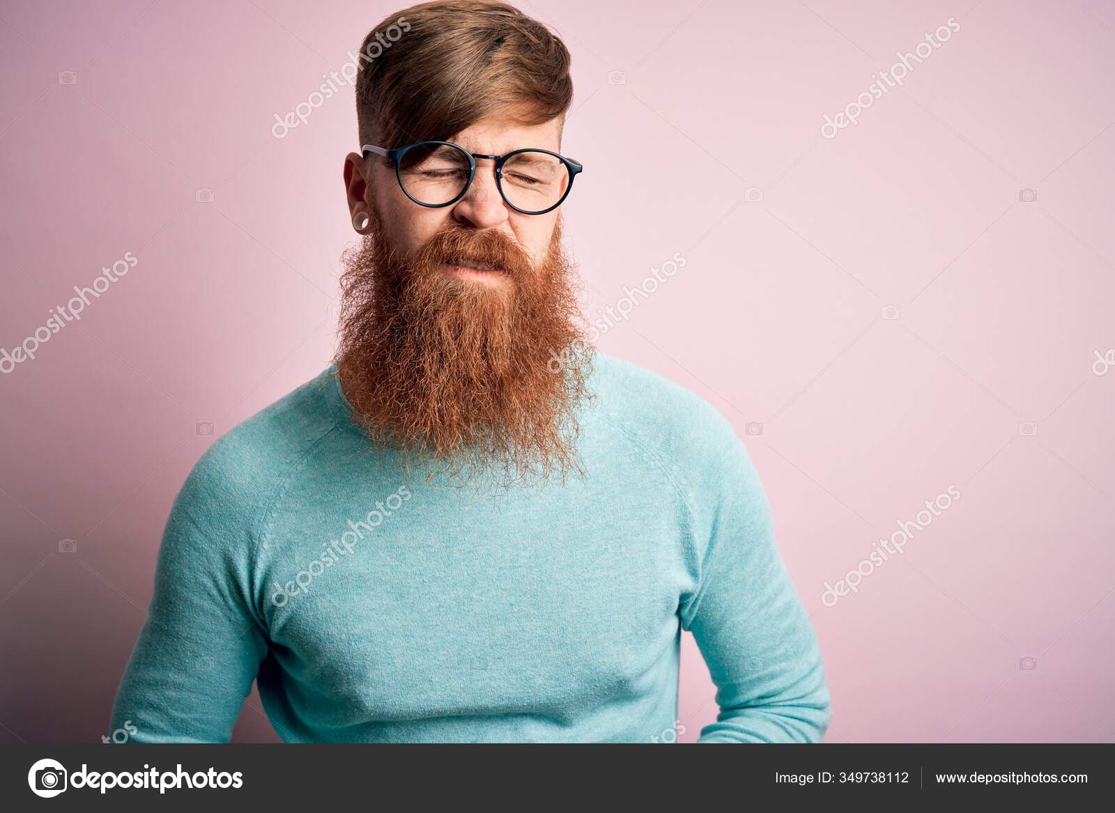 Handsome Irish Redhead Man Beard Wearing Glasses Pink Isolated