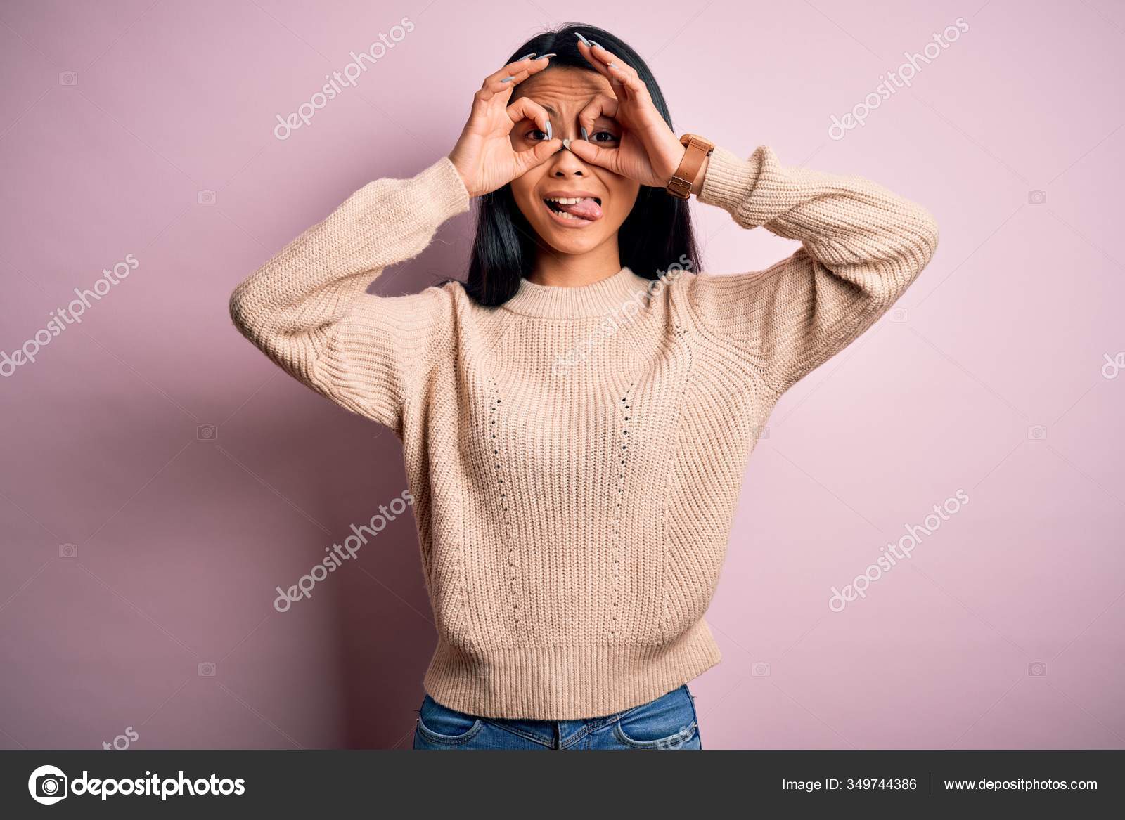 Young Beautiful Chinese Woman Wearing Casual Sweater Isolated Pink ...