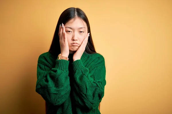 Young Chinese Woman Wearing Casual Green Shirt Standing Isolated White ...