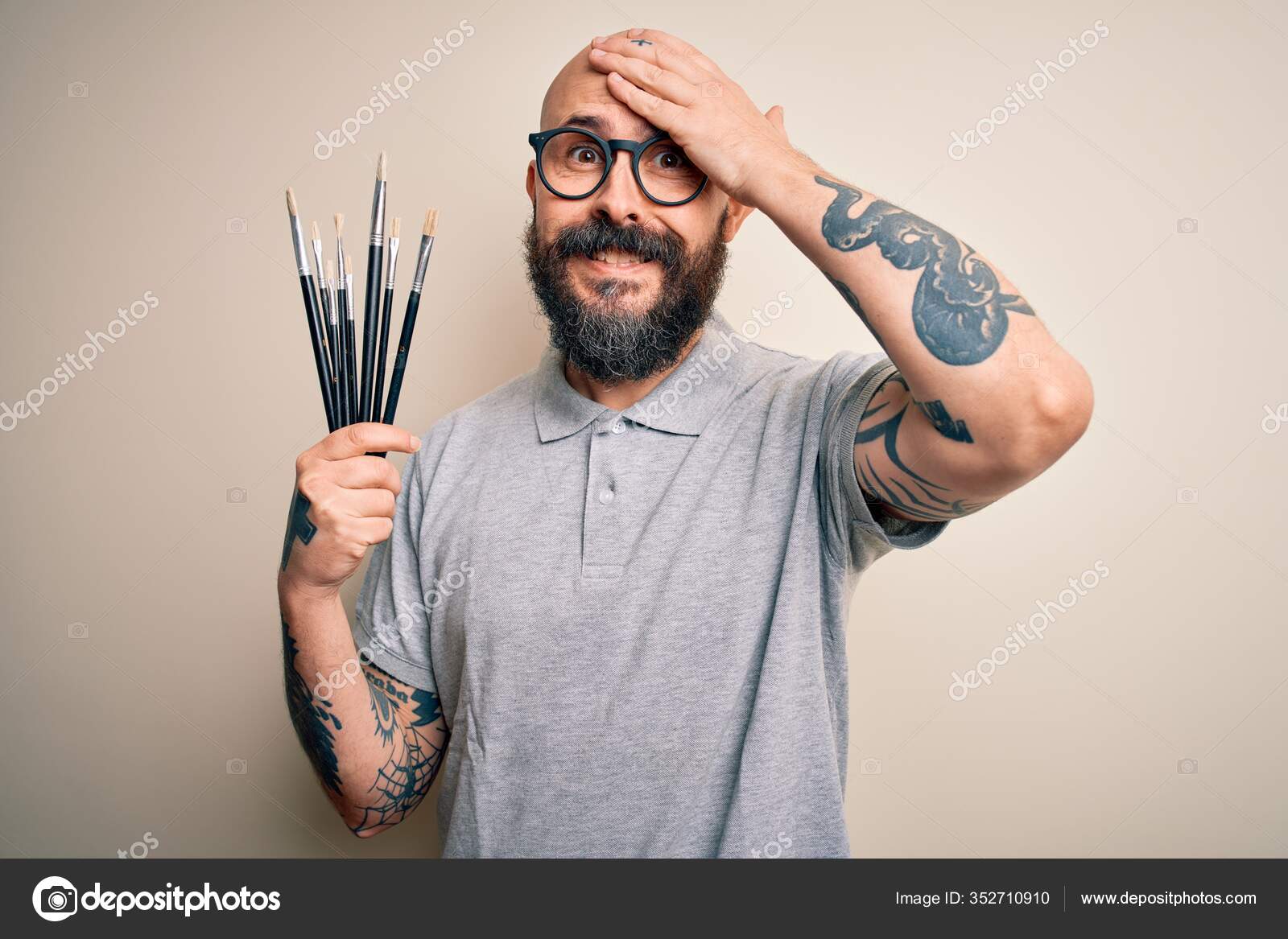 Handsome Bald Artist Man Beard Tattoo Painting Using Painter Brushes ...