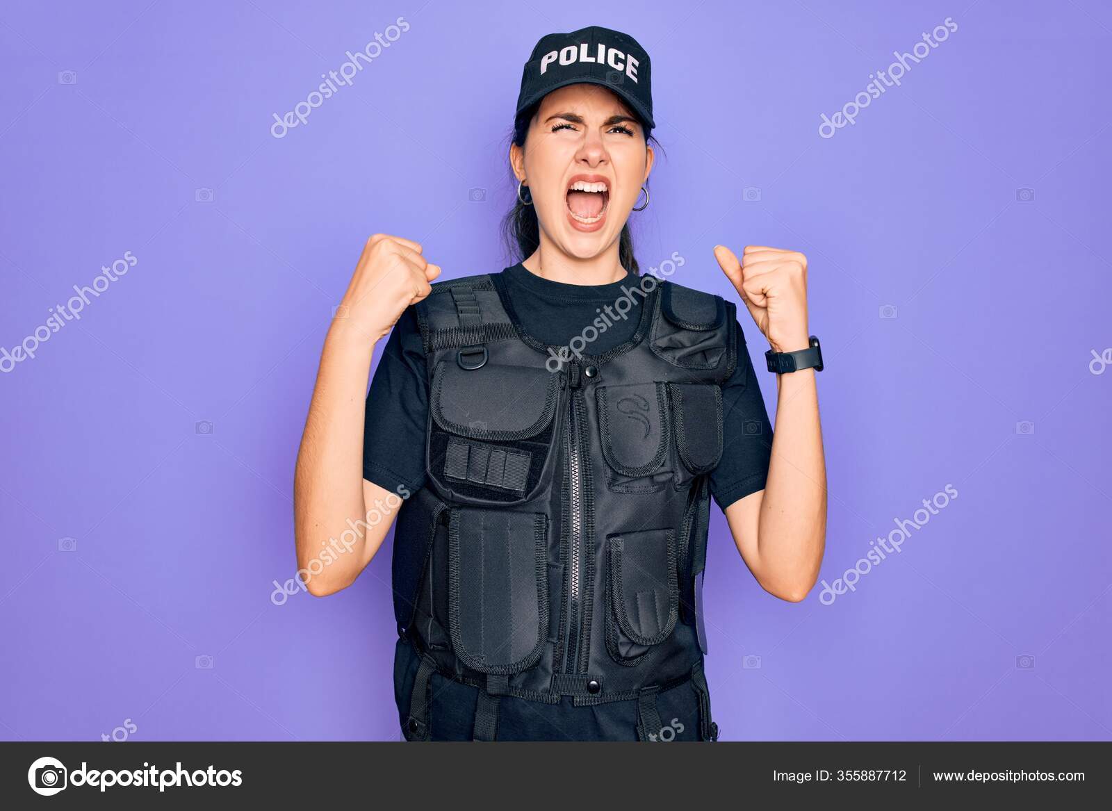 Young Police Woman Wearing Security Bulletproof Vest Uniform Purple ...