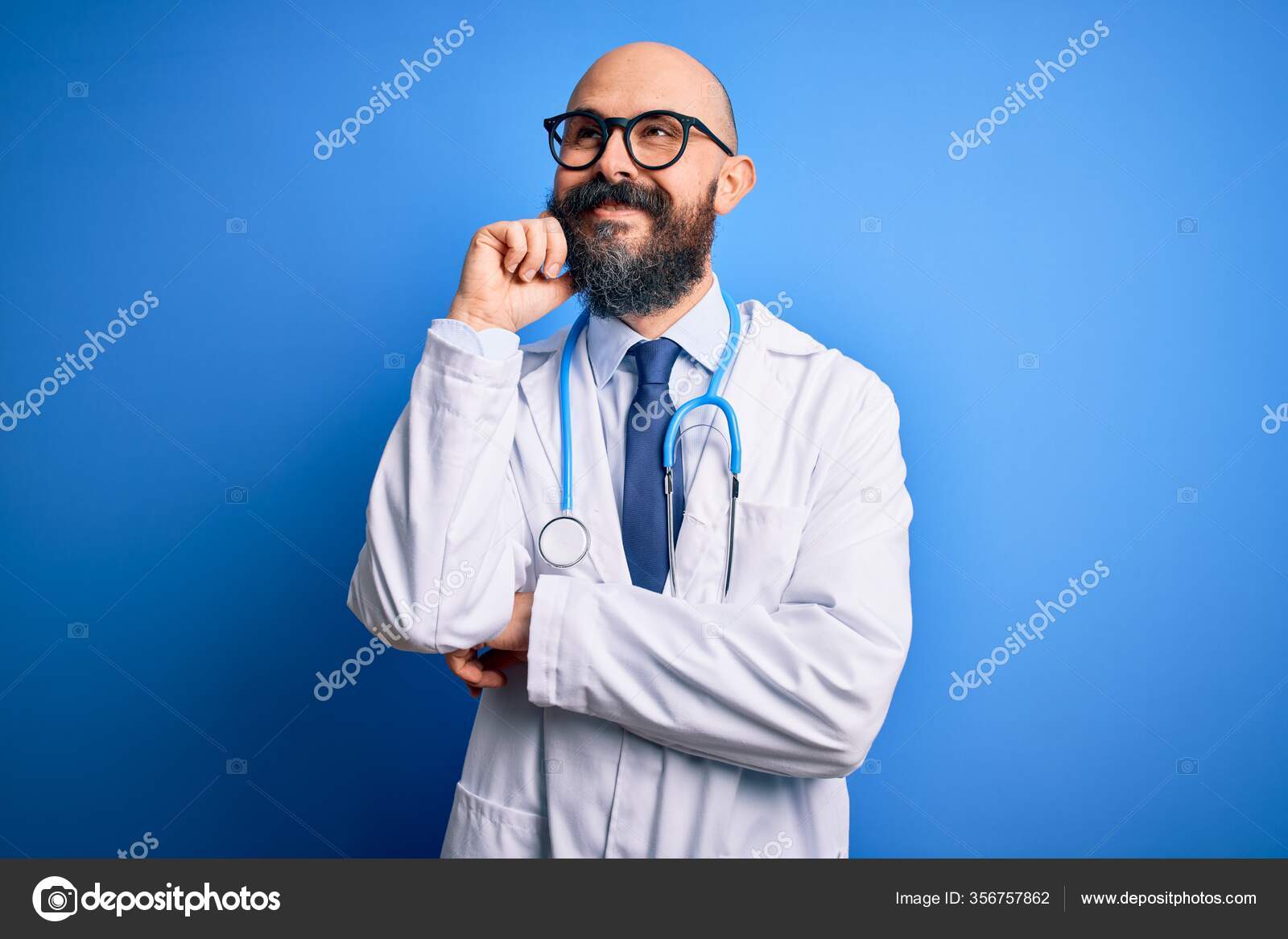 Handsome Bald Doctor Man Beard Wearing Glasses Stethoscope Blue ...