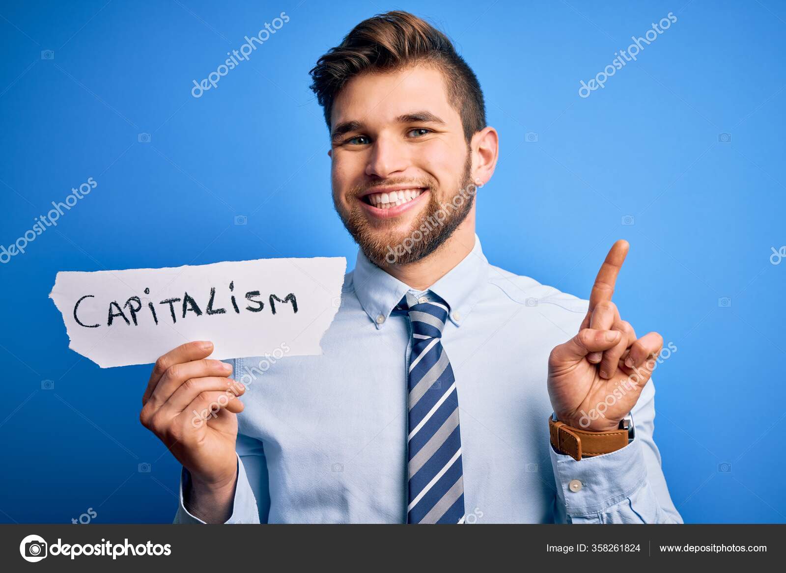 Young Blond Businessman Beard Blue Eyes Holding Paper Capitalism ...