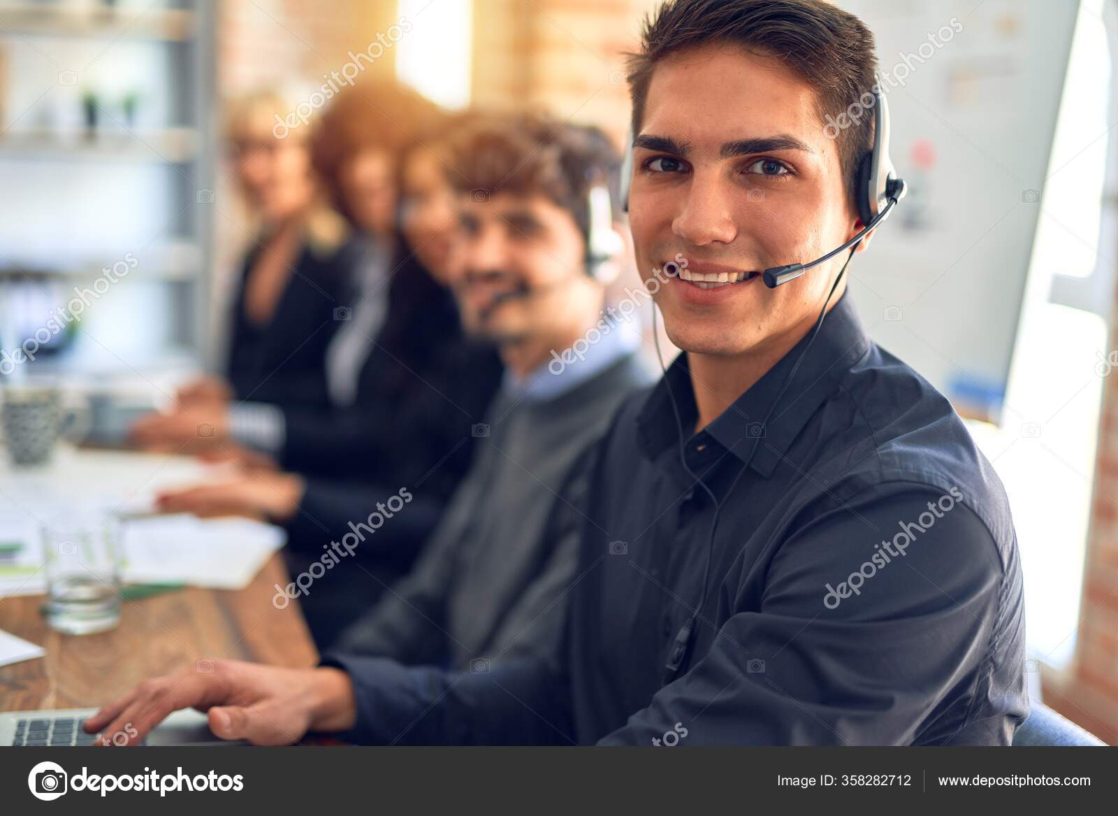 Group Call Center Workers Working Together Smile Face Using Headset — Stock Photo © Krakenimages ...