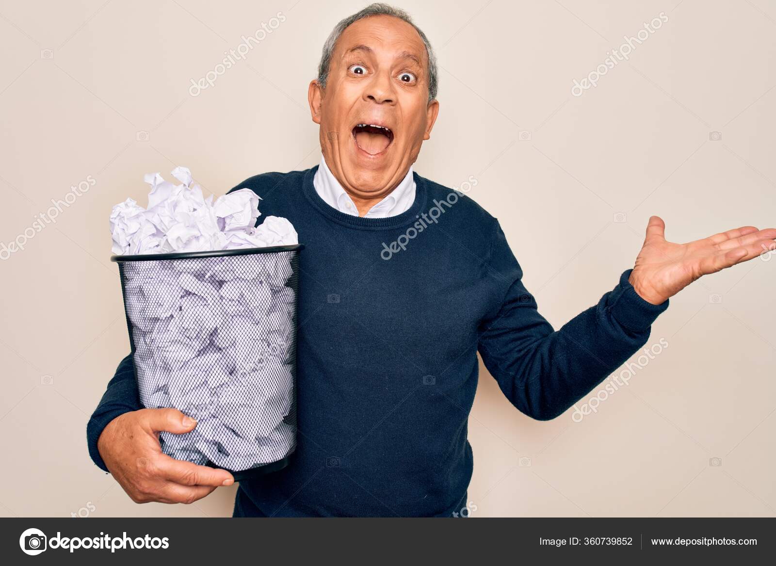 Senior Grey Haired Man Holding Full Paper Bin Crumpled Papers — Stock ...