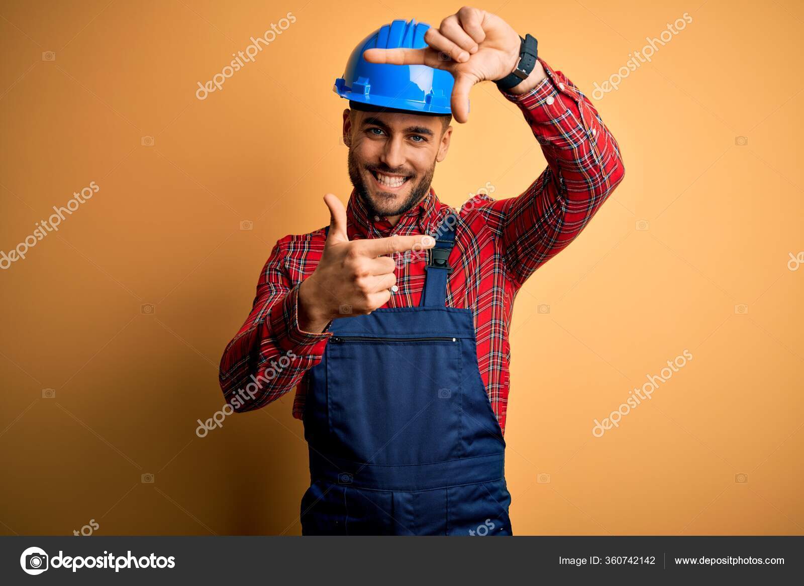 Young Builder Man Wearing Construction Uniform Safety Helmet Yellow ...