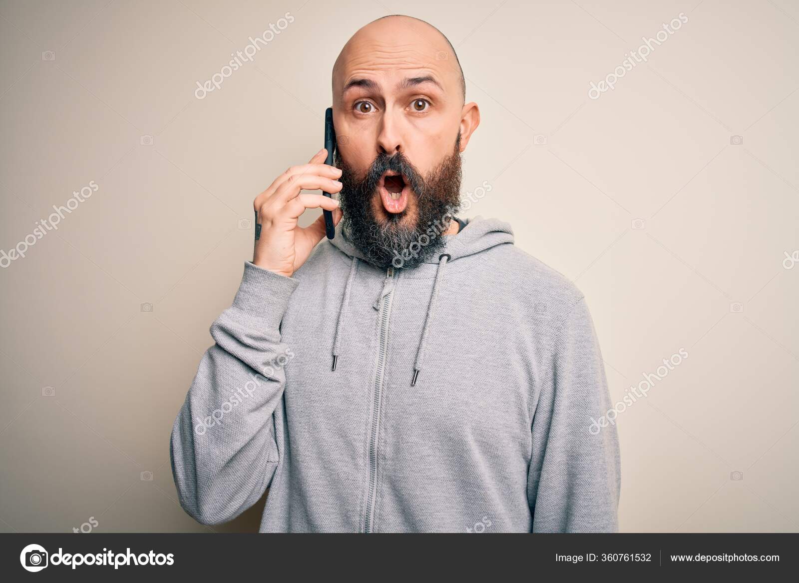 Handsome Bald Man Beard Having Conversation Talking Smartphone Scared ...