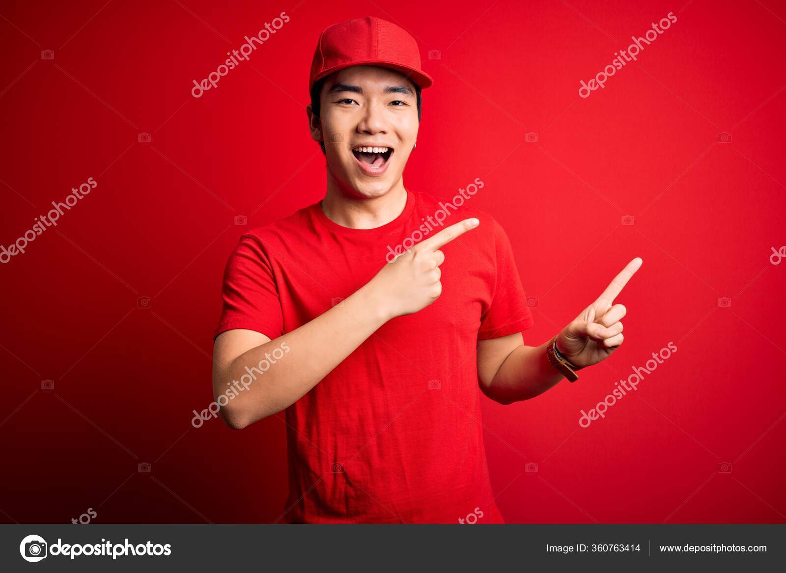 Young Handsome Chinese Delivery Man Wearing Cap Standing Isolated Red ...