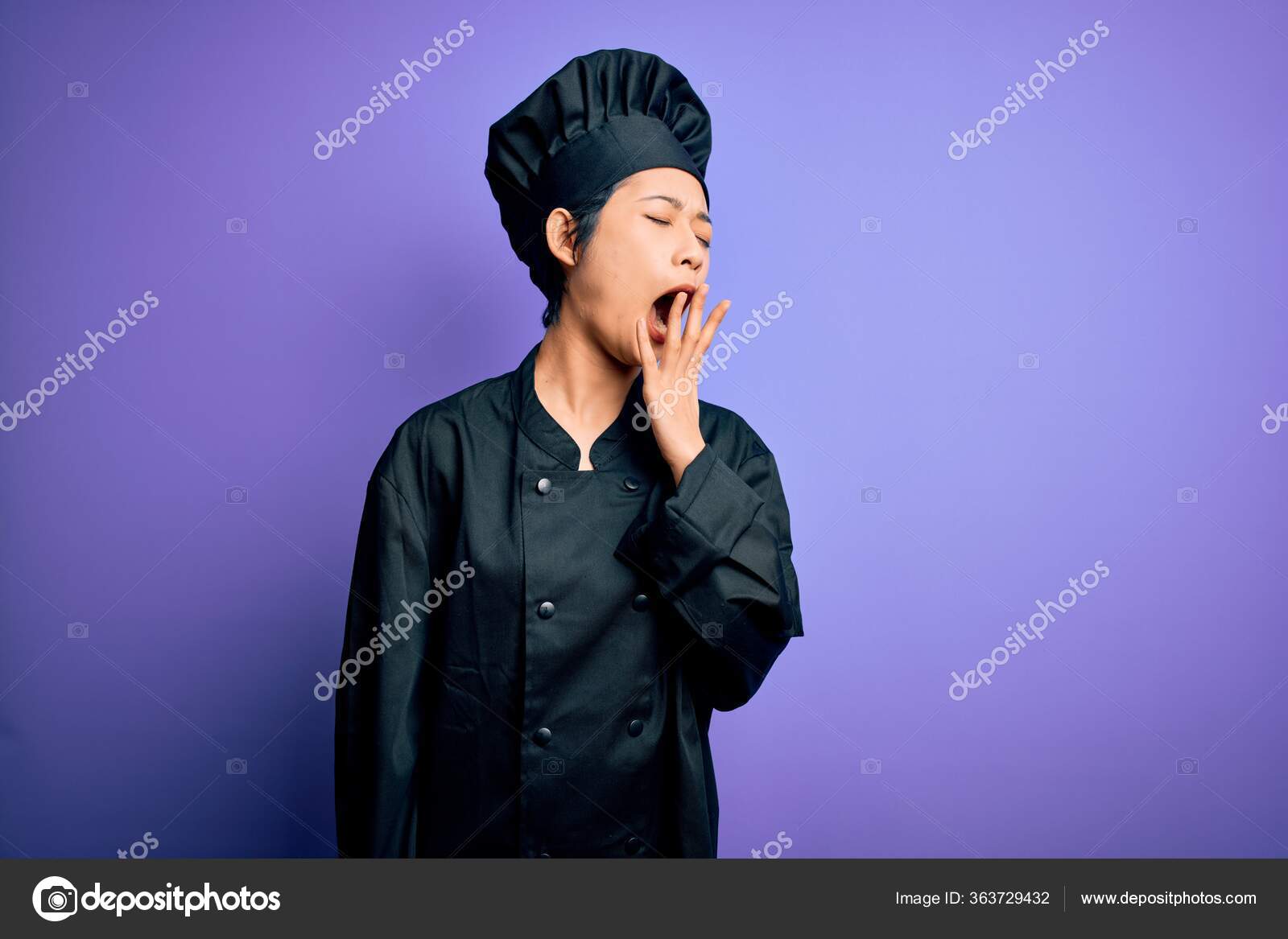 Young Beautiful Chinese Chef Woman Wearing Cooker Uniform Hat Purple ...
