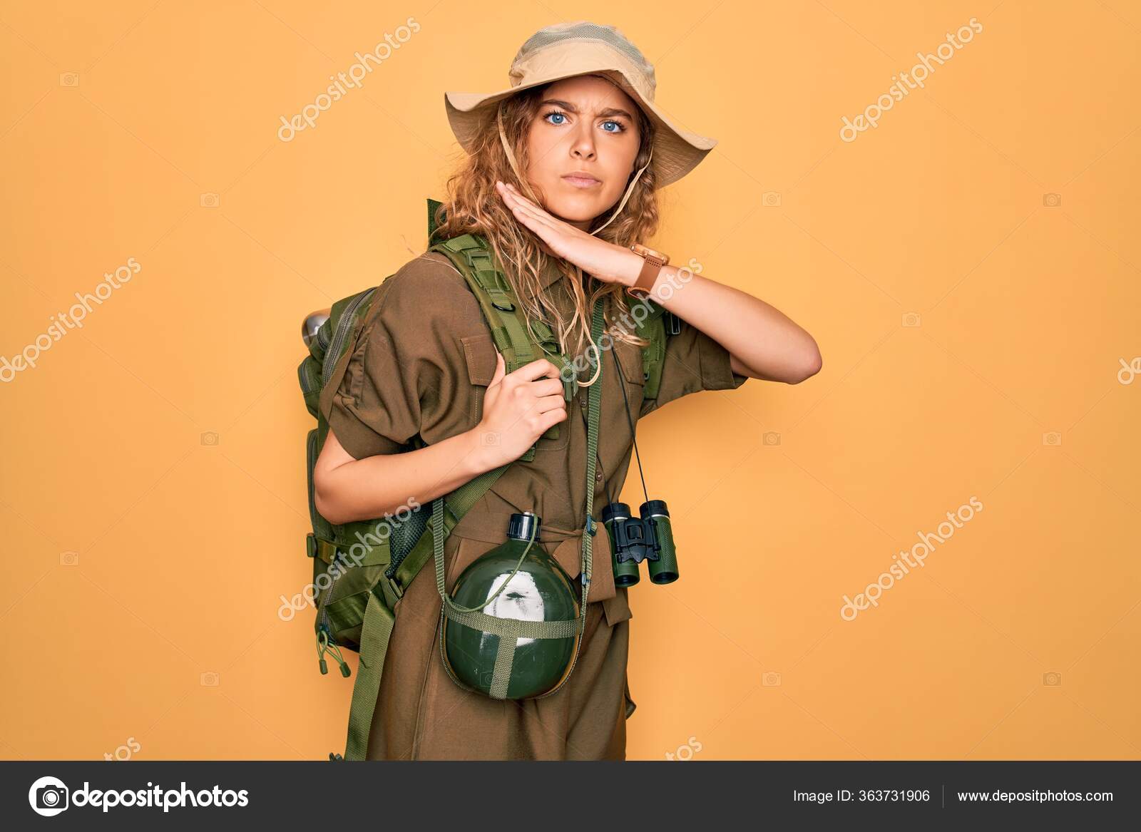 Young Blonde Explorer Woman Blue Eyes Hiking Wearing Backpack Water ...