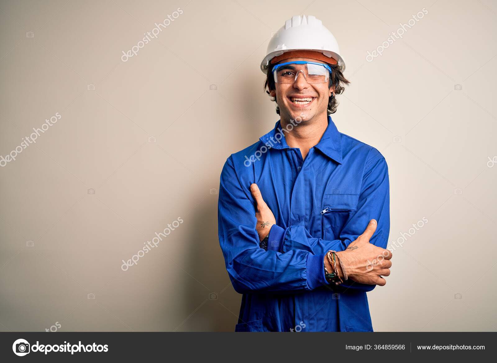 Young Constructor Man Wearing Uniform Security Helmet Isolated White ...