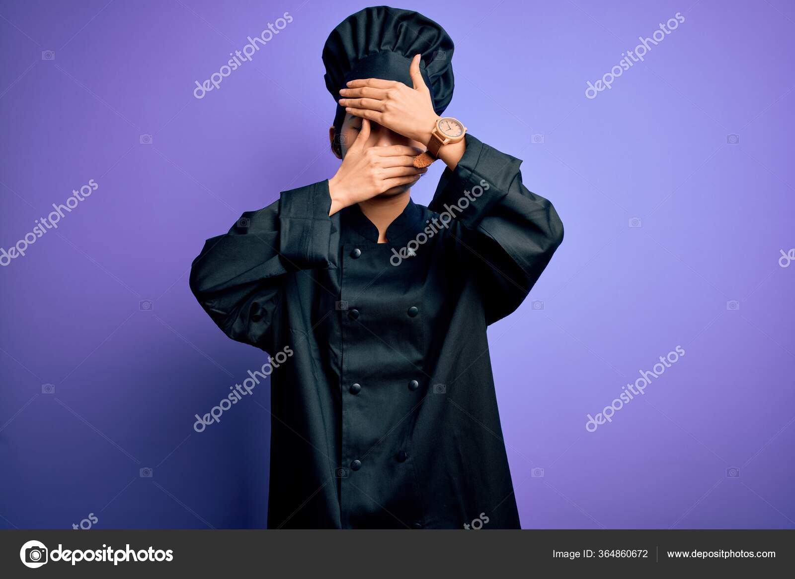 Young Beautiful Chinese Chef Woman Wearing Cooker Uniform Hat Purple ...