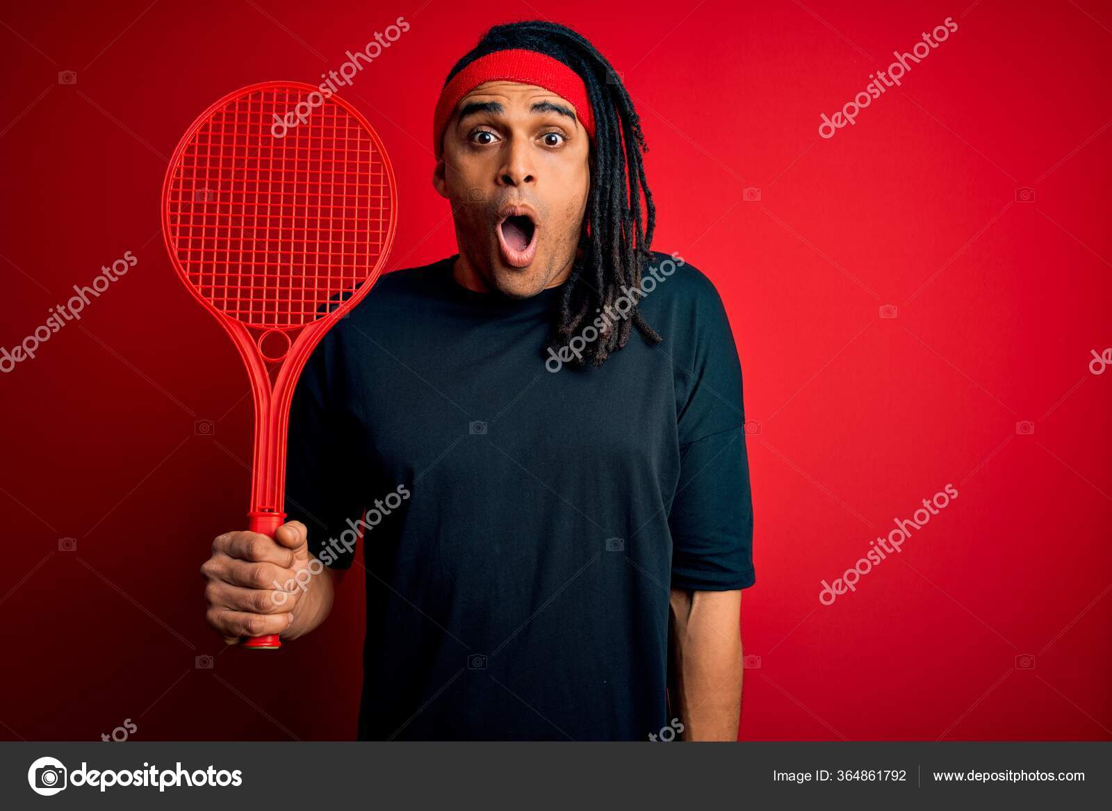 African American Afro Sportsman Dreadlocks Holding Tennis Racket Red ...