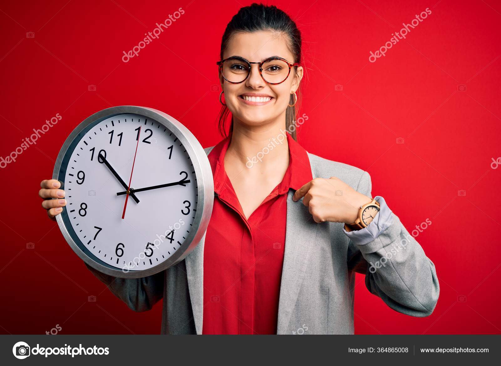 Young Beautiful Brunette Businesswoman Doing Countdown Holding Big ...