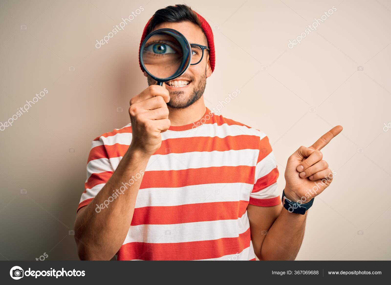 Young Detective Man Looking Magnifying Glass Isolated Background Very ...