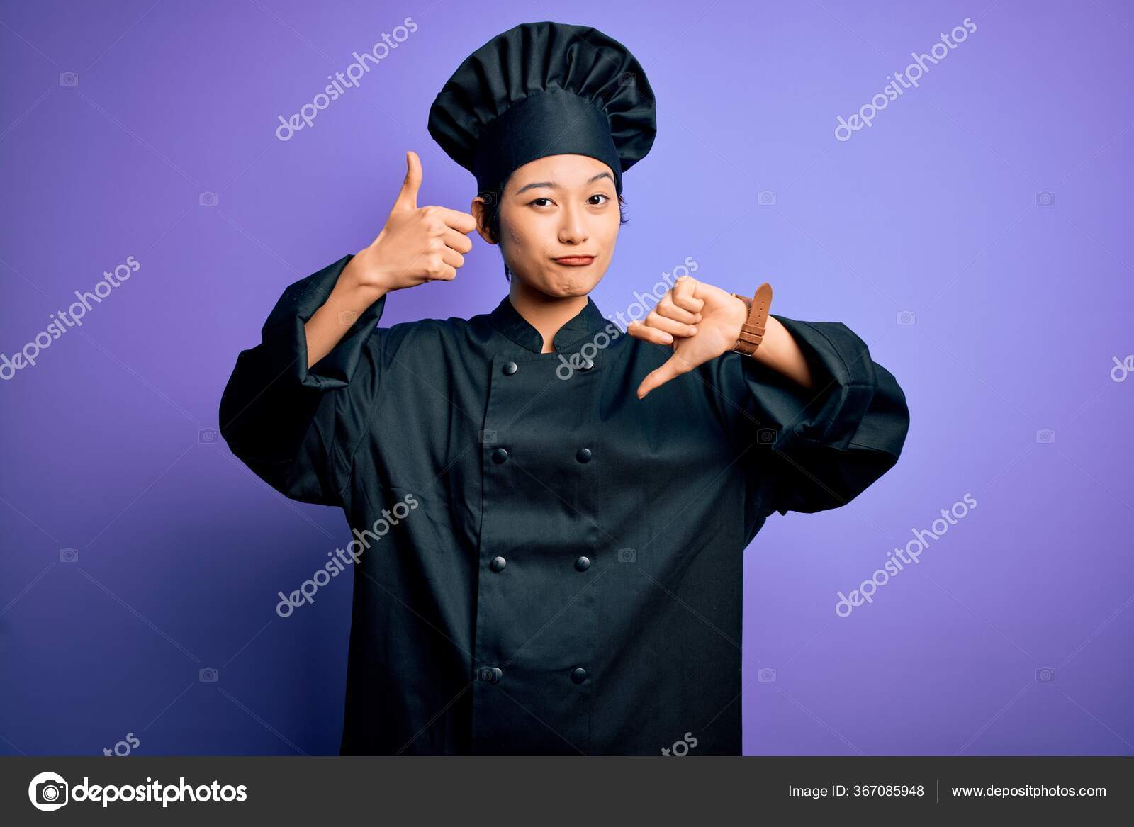 Young Beautiful Chinese Chef Woman Wearing Cooker Uniform Hat Purple ...
