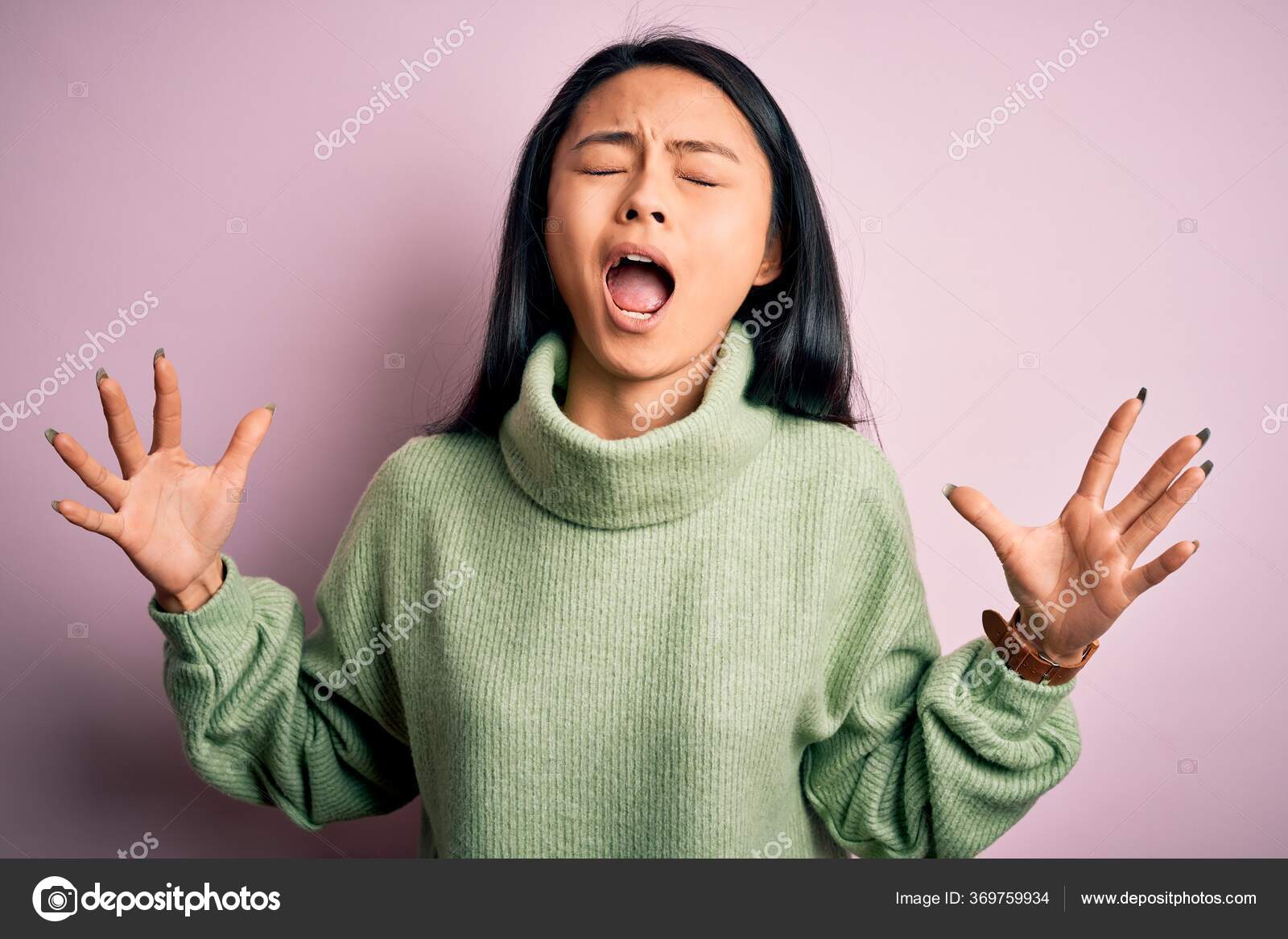 Young Beautiful Chinese Woman Wearing Turtleneck Sweater Isolated Pink ...
