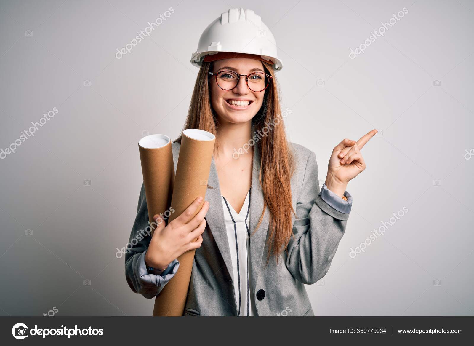 Young Beautiful Redhead Architect Woman Wearing Glasses Safety Helmet ... Young Beautiful Redhead Architect Woman Wearing Glasses Safety Helmet ...