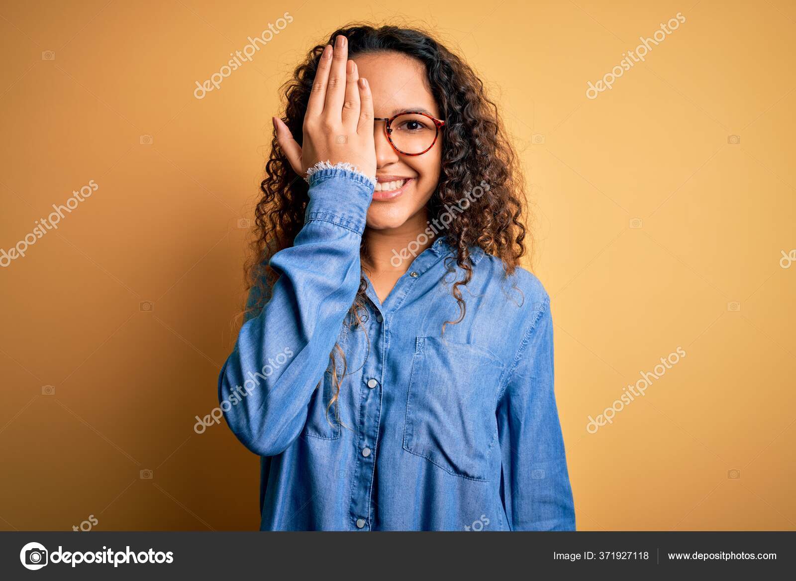 Beautiful Woman Curly Hair Wearing Casual Denim Shirt Glasses Yellow