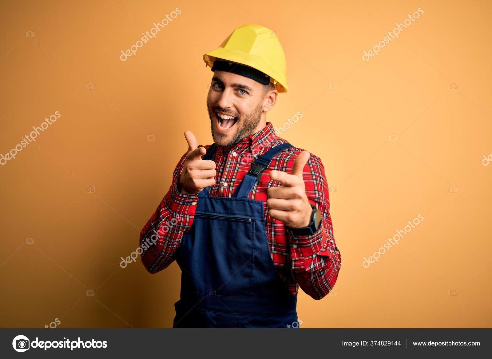 Young Builder Man Wearing Construction Uniform Safety Helmet Yellow ...