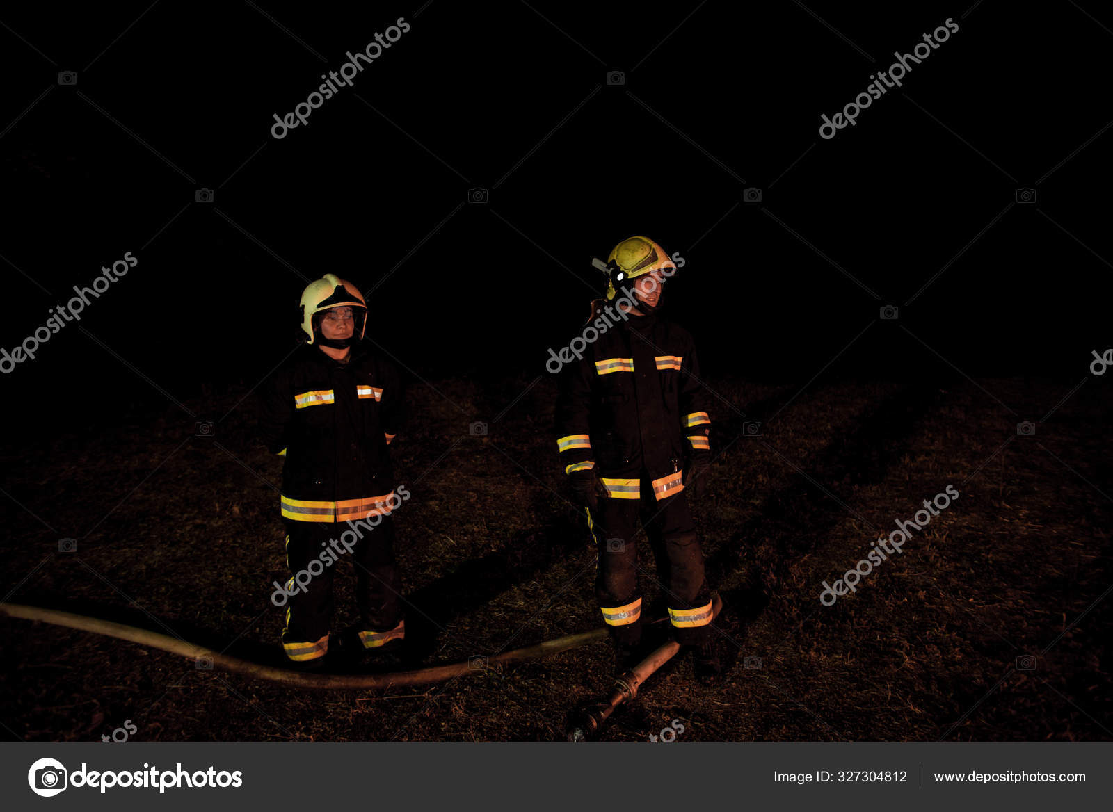 Firefighting Group Action Battling Flames Night Time Stock Photo by ...