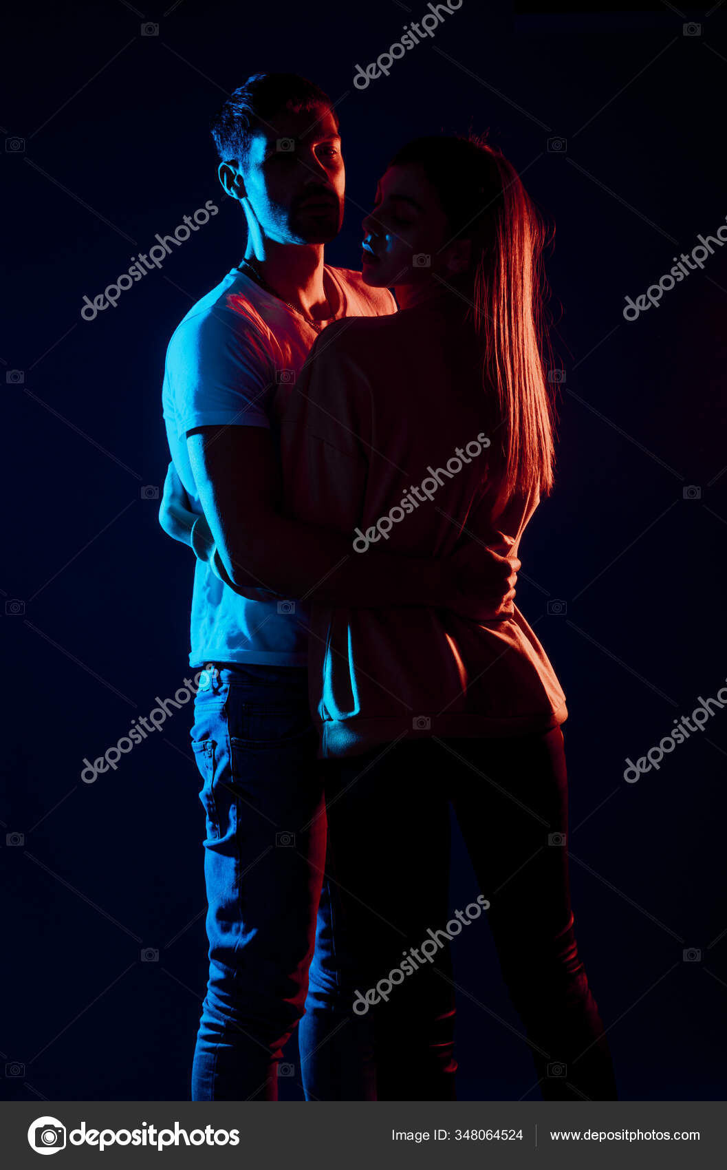 Romantic Guy Girl Trendy Clothes Gently Touching Cuddling — Stock Photo ...