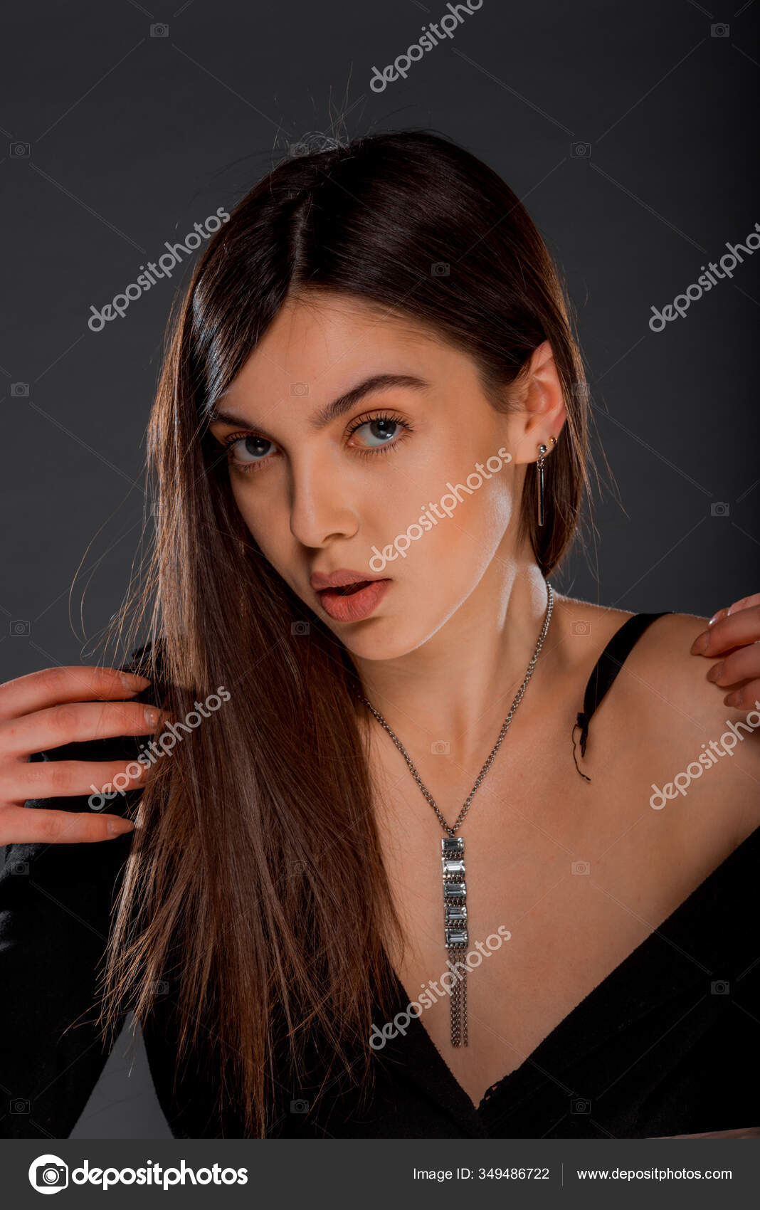 Portrait Beautiful Female Model Posing Trendy Black Top Stock Photo by ...