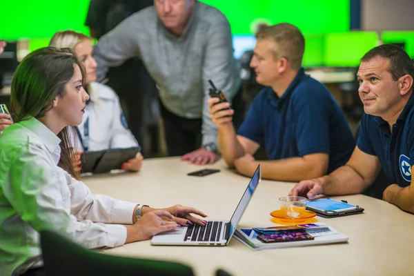 Security Guard Monitoring Modern Cctv Cameras Surveillance Room Group ...