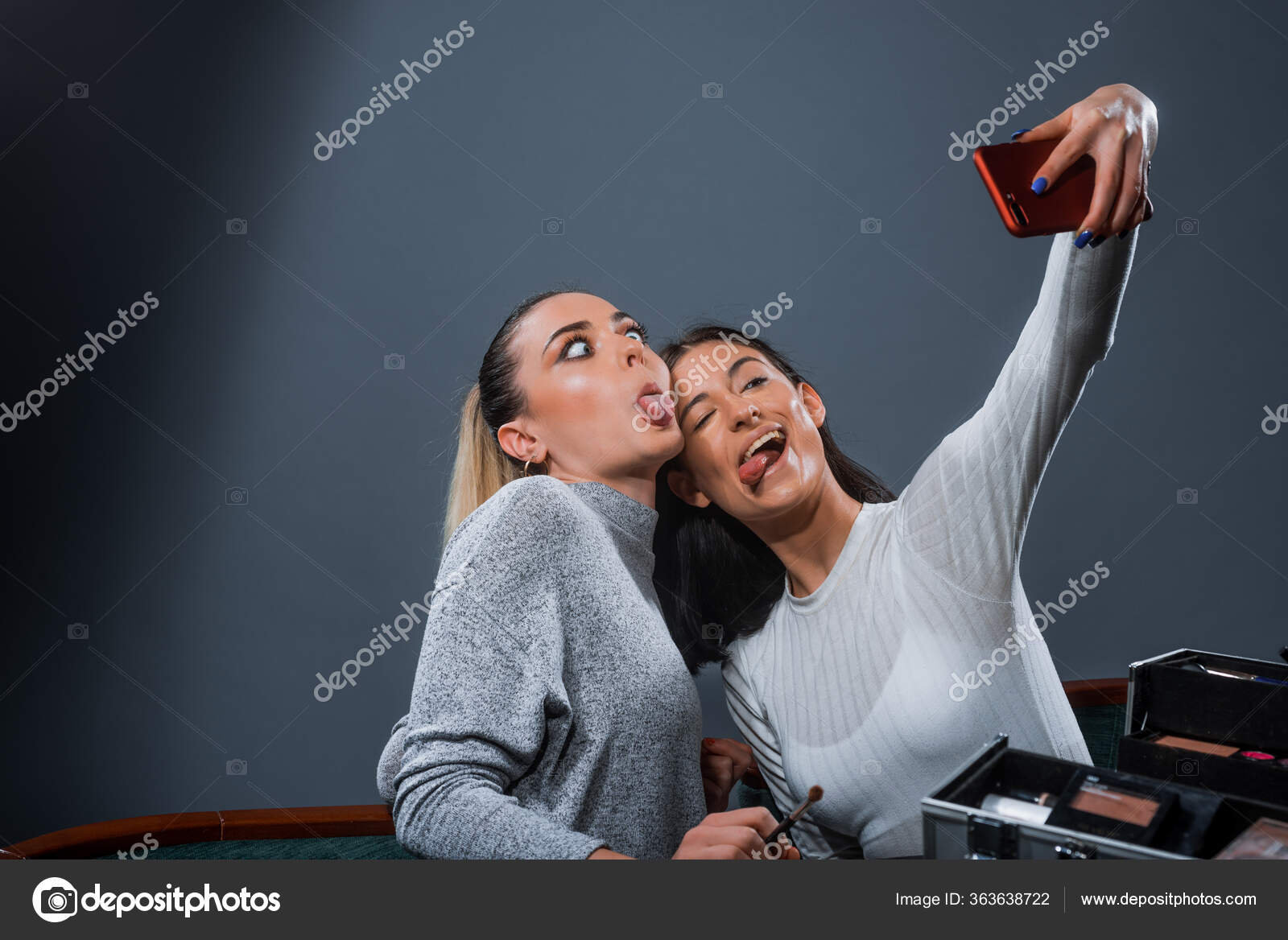 Portrait Beautiful Female Models Taking Selfie Photo Stock Photo by ...