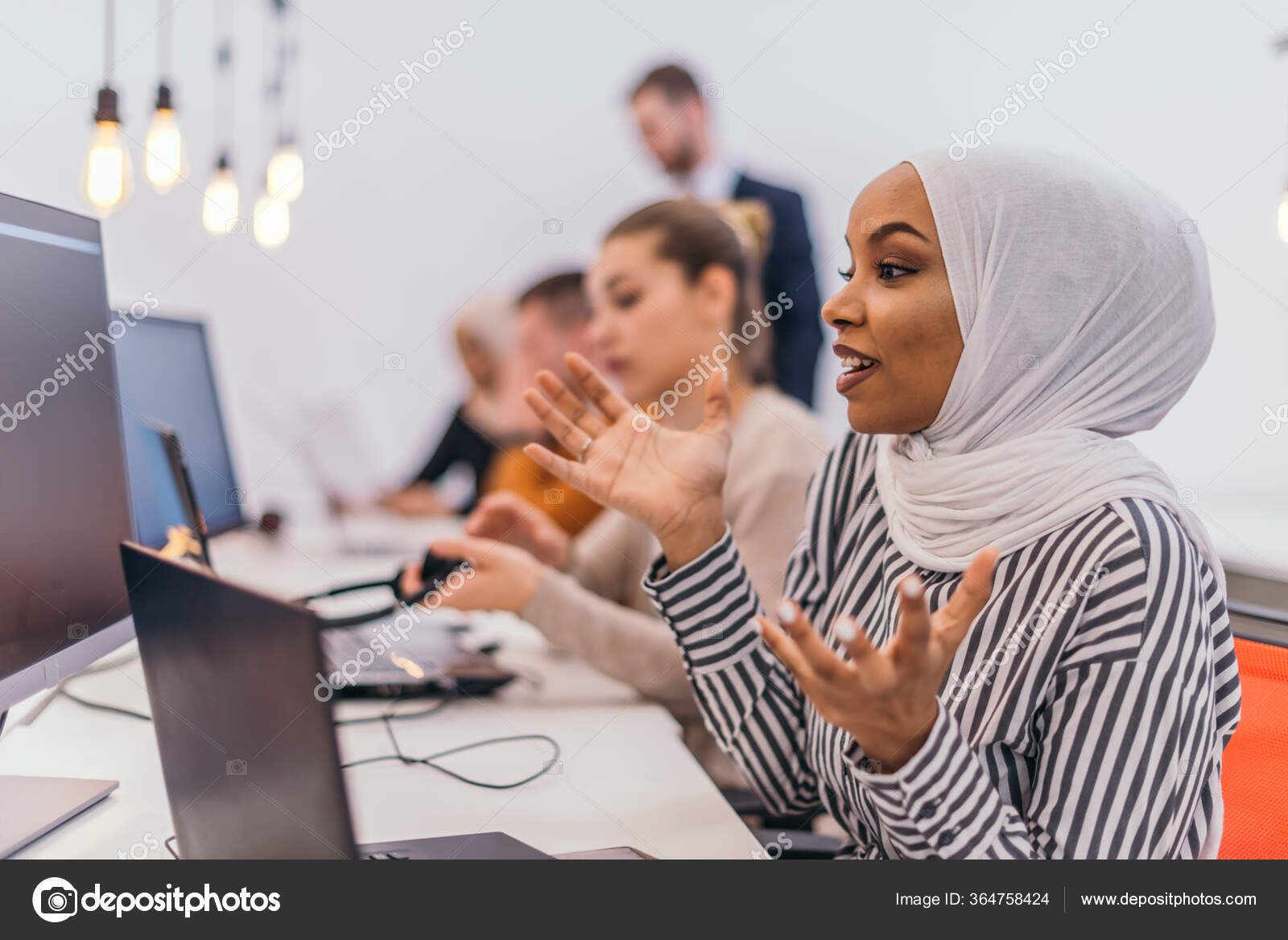 Surprised African Muslim Woman Working Bright Coworking Space Multiple ...