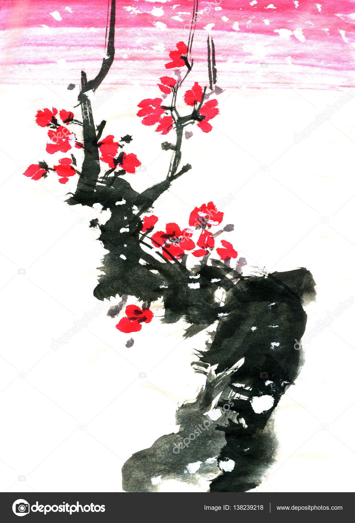 Chinese sakura Japanese plum blossom grunge spring sumi-e Stock ...