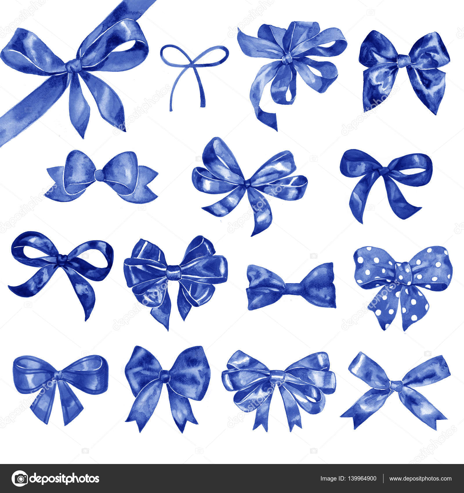 Watercolor bow big set. Different blue bows and ribbons for holidays ...
