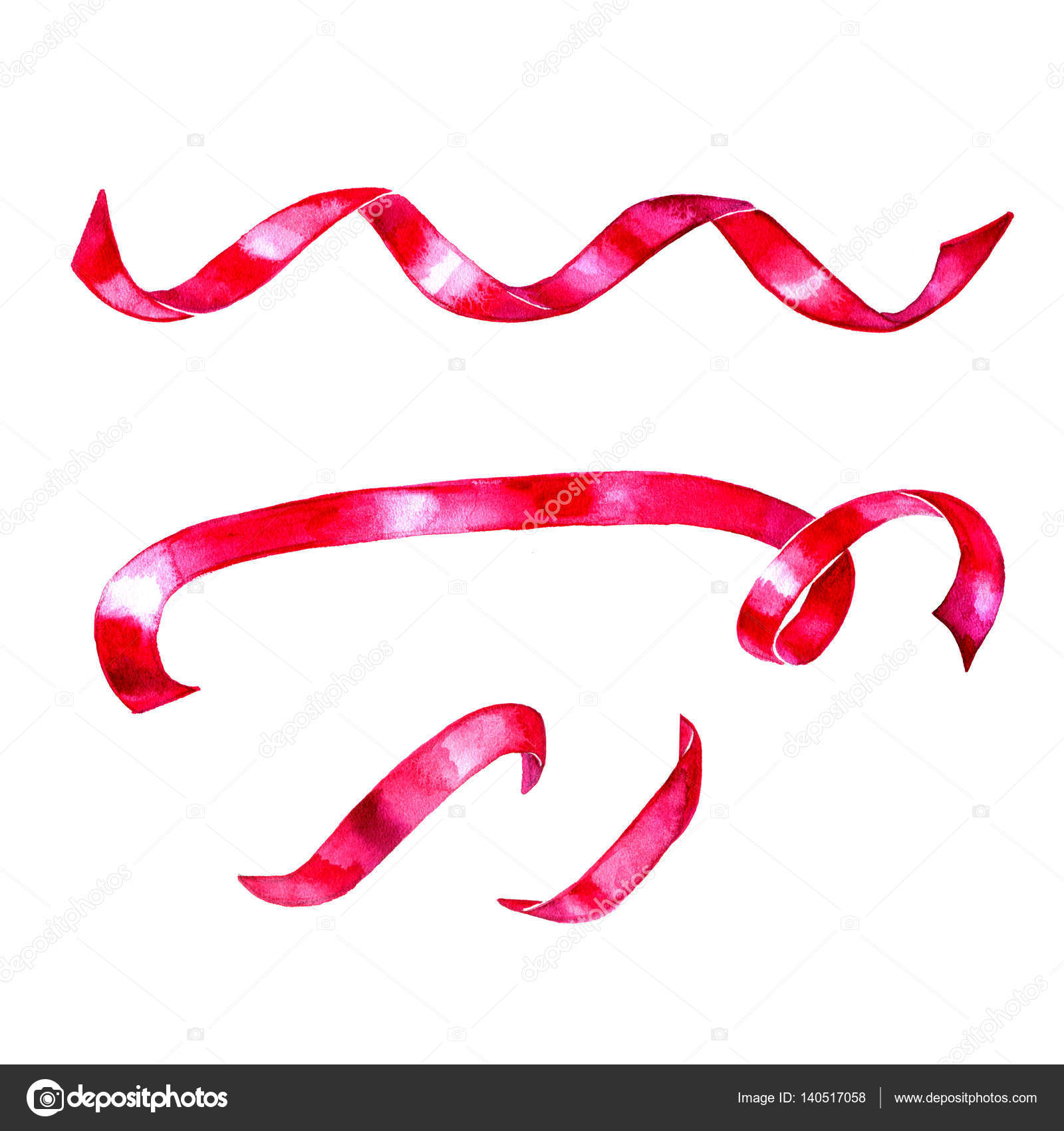 Watercolor collection red pink ribbons set. Hand drawn design elements ...