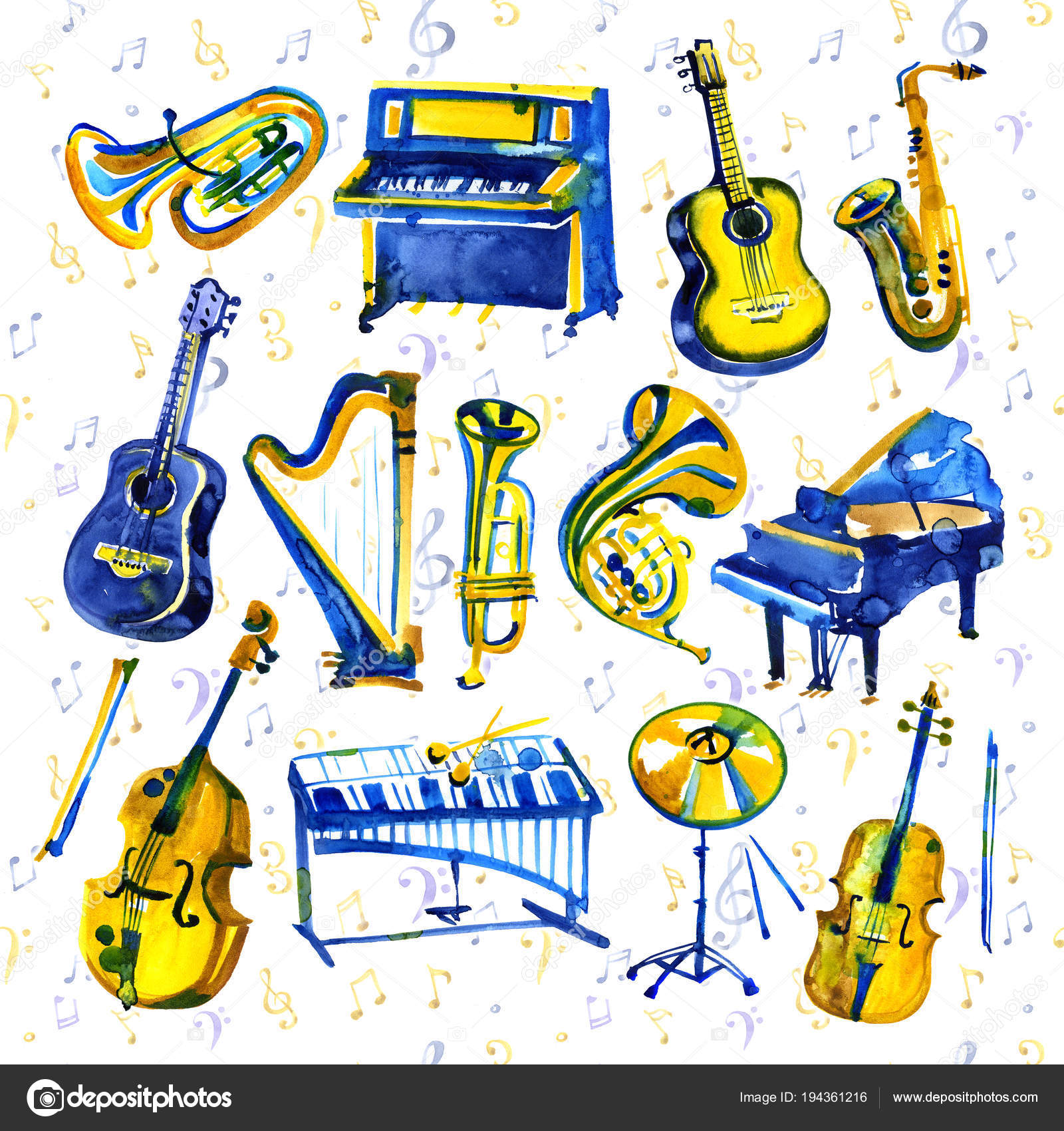 Watercolor musical instruments set. All kinds of instruments like piano ...