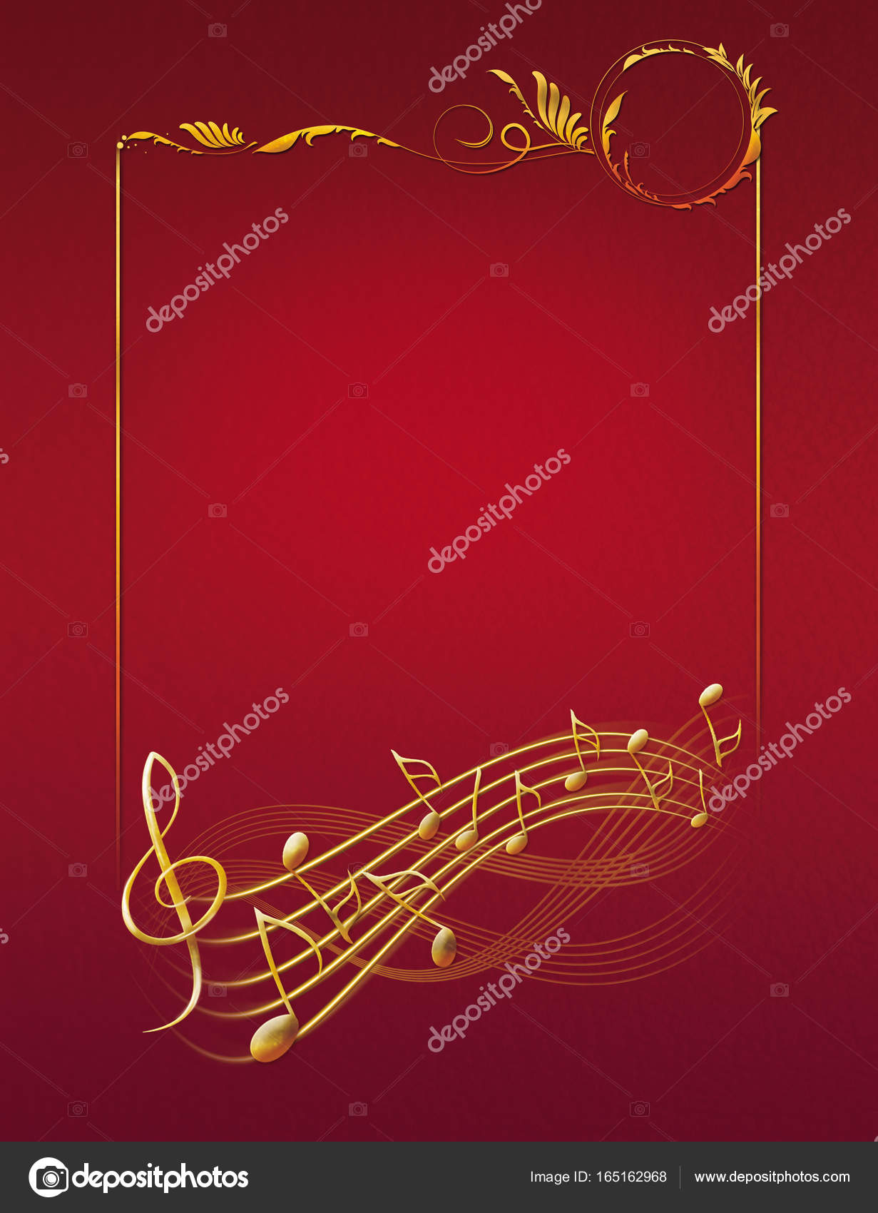 Red musical background with gold frame notes and treble clef ver Stock ...
