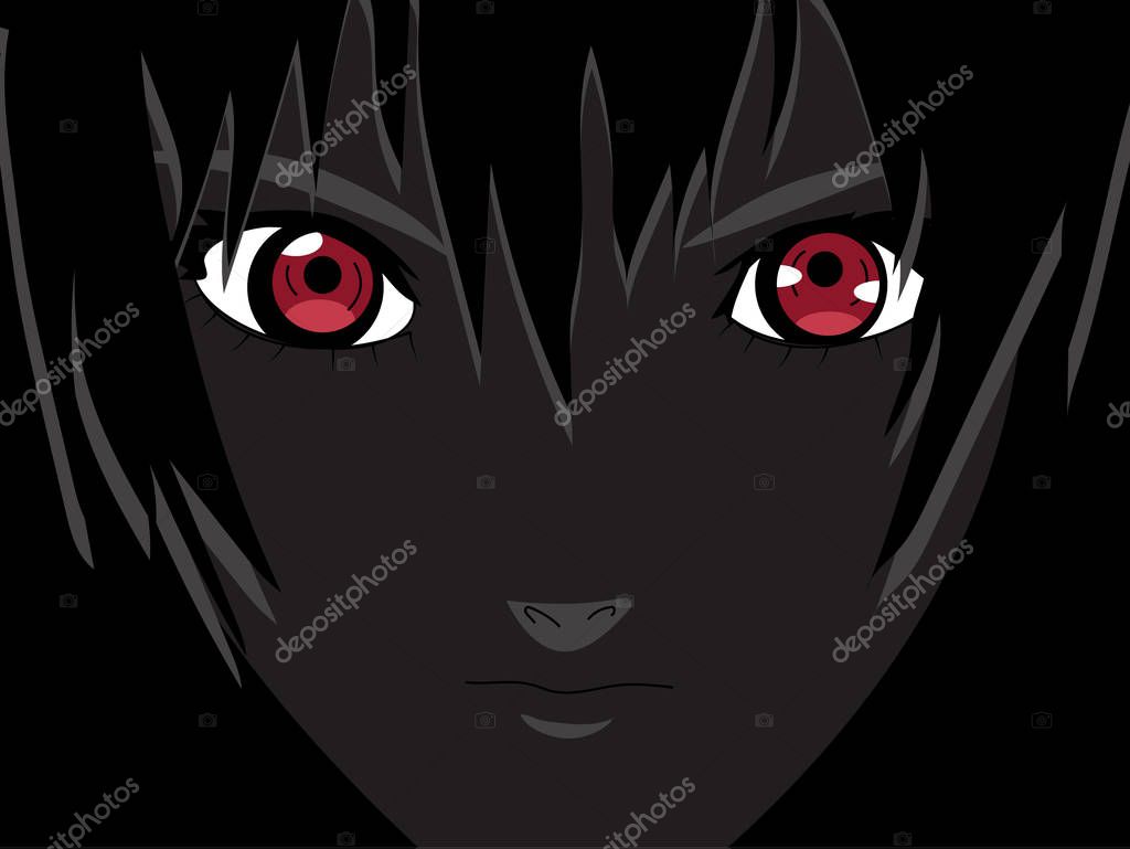 Ojos de anime. Ojos rojos sobre fondo negro. Cara de anime de dibujos ...