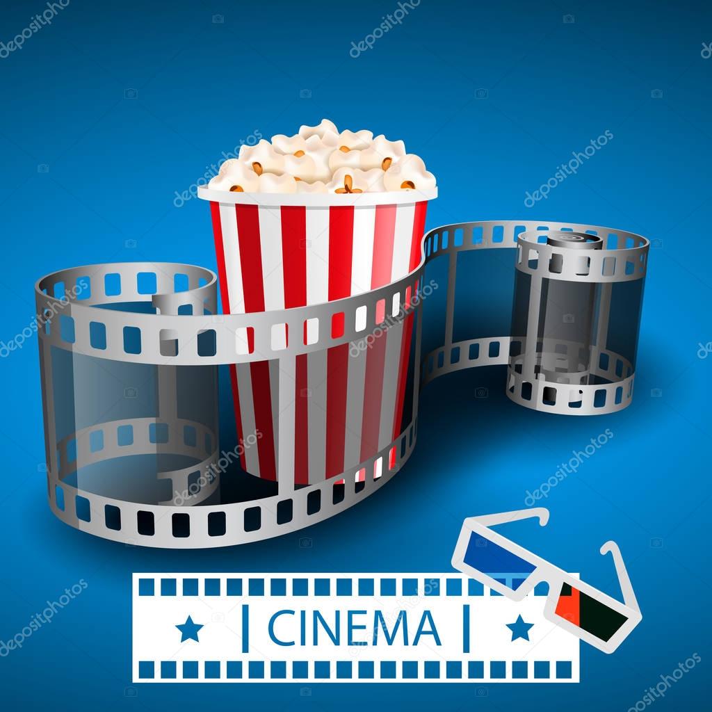 Palomitas de ma z para cine y carrete de cine en l nea sobre fondo azul. Paquete de papel lleno ...