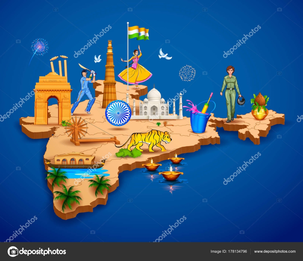 Detailed 3d map of India showing different monument and famous places ...