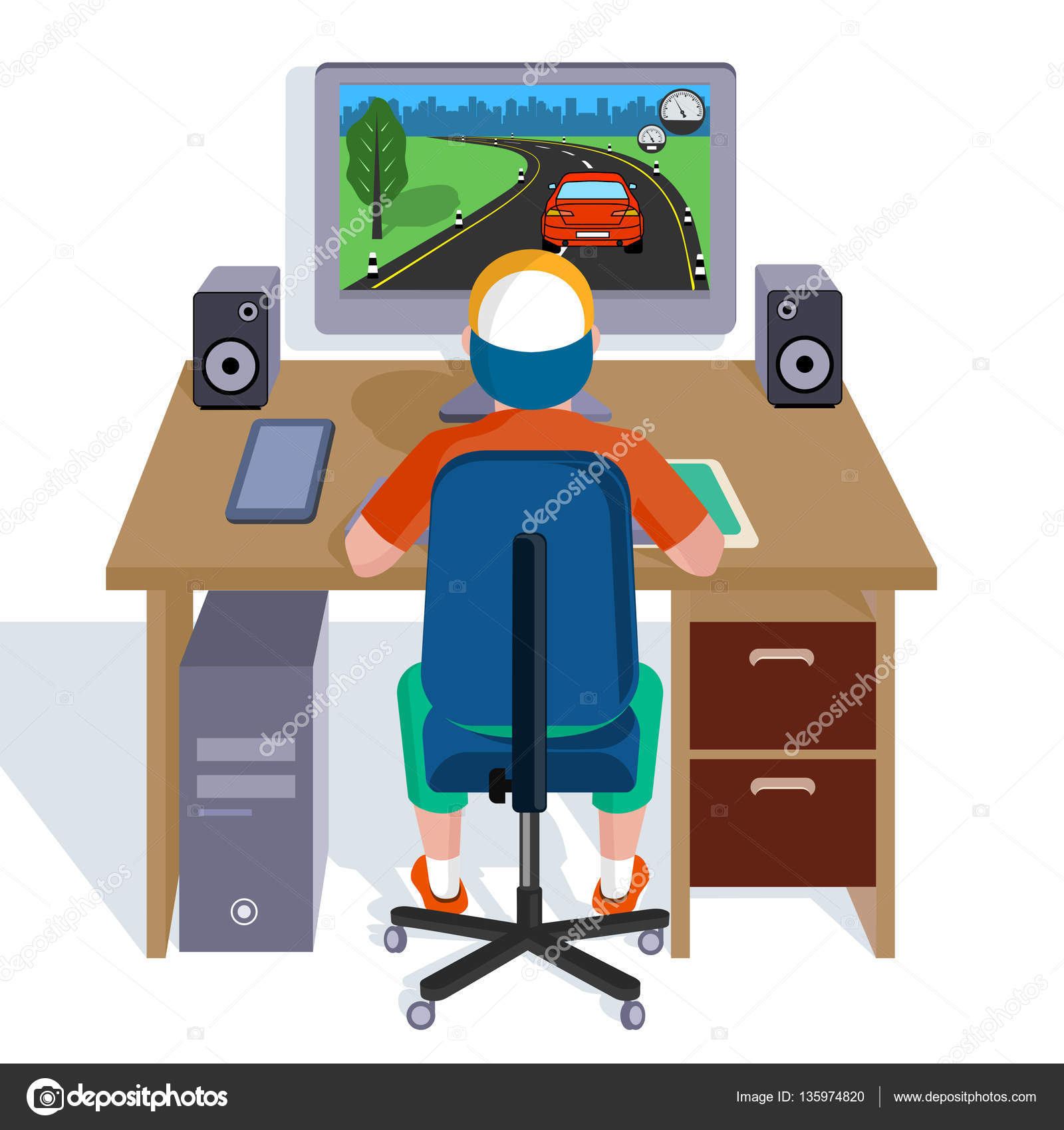 Child plays video games on the computer. Vector illustration flat style ...