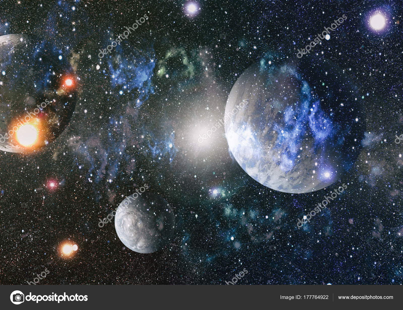 Planeten, sterren en sterrenstelsels in de ruimte die de schoonheid van ...