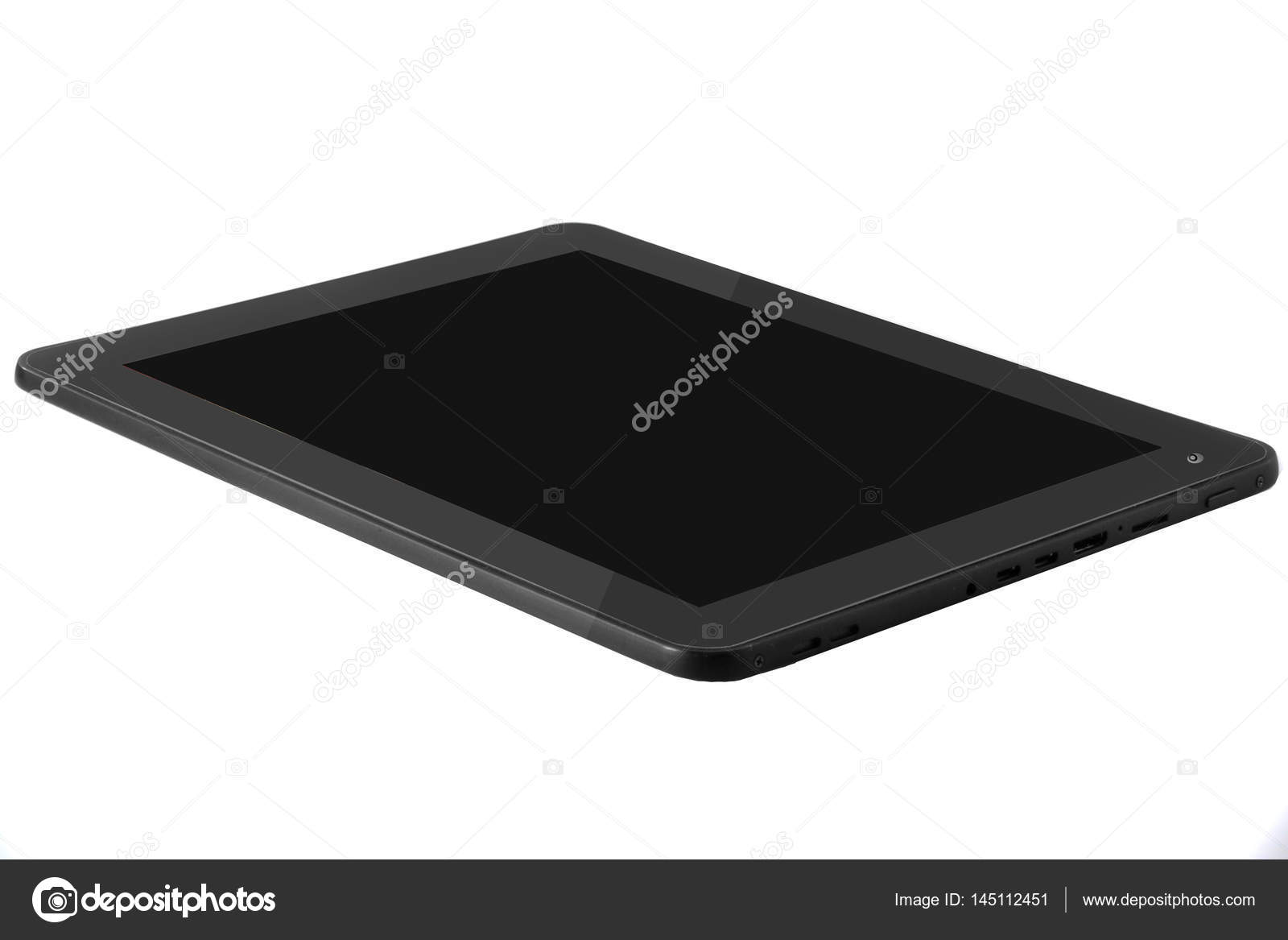 Tablet black concept front with black screen angle side — Stock Photo ...
