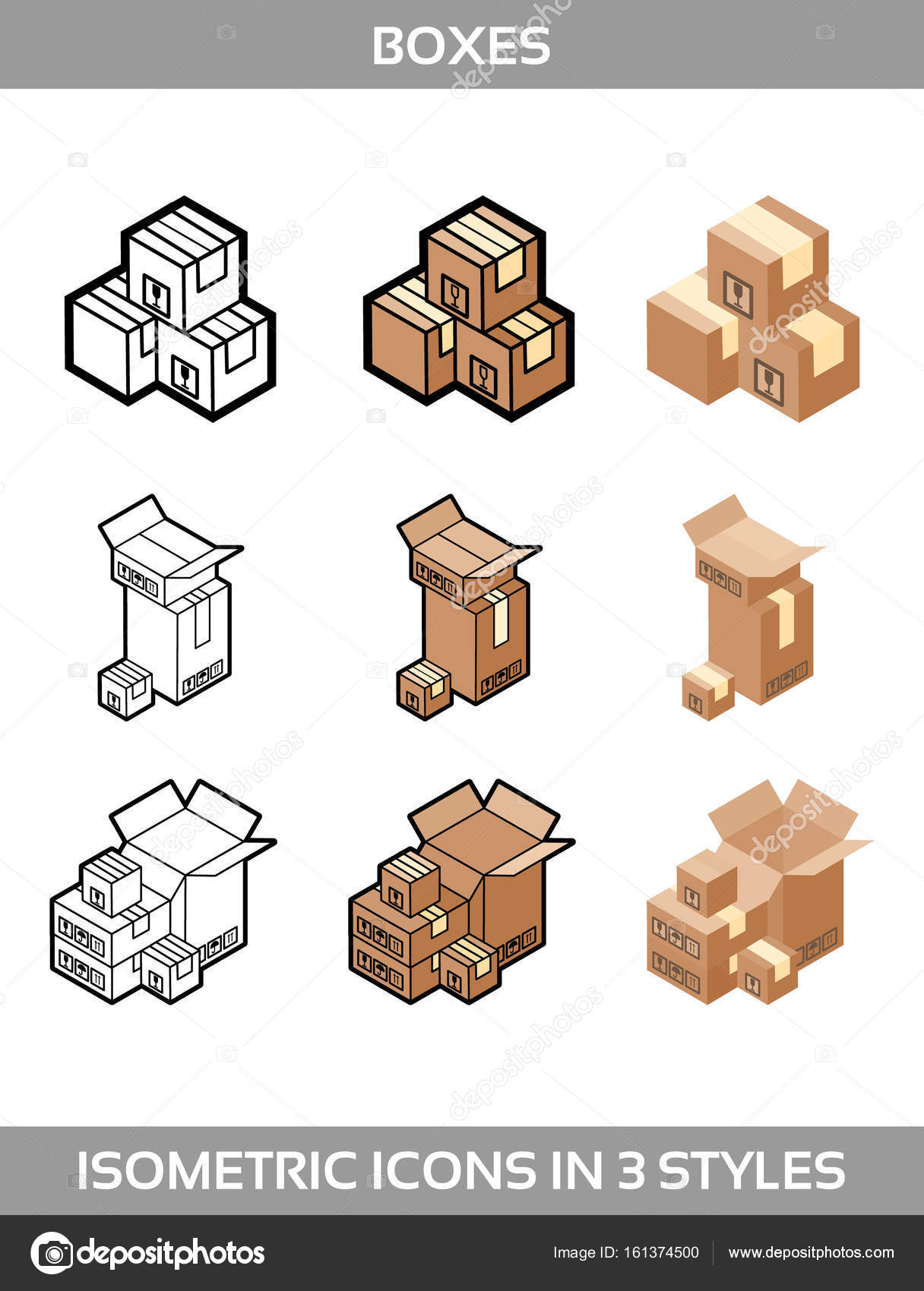 Isometric carton packaging boxes set in three styles with postal signs ...