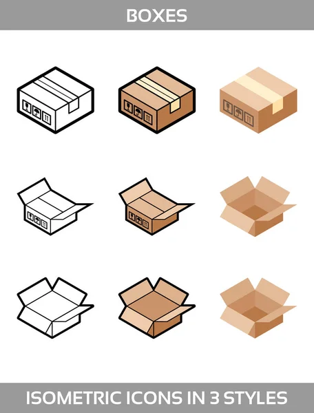 Isometric carton packaging boxes set in three styles with postal signs this side up fragile ...