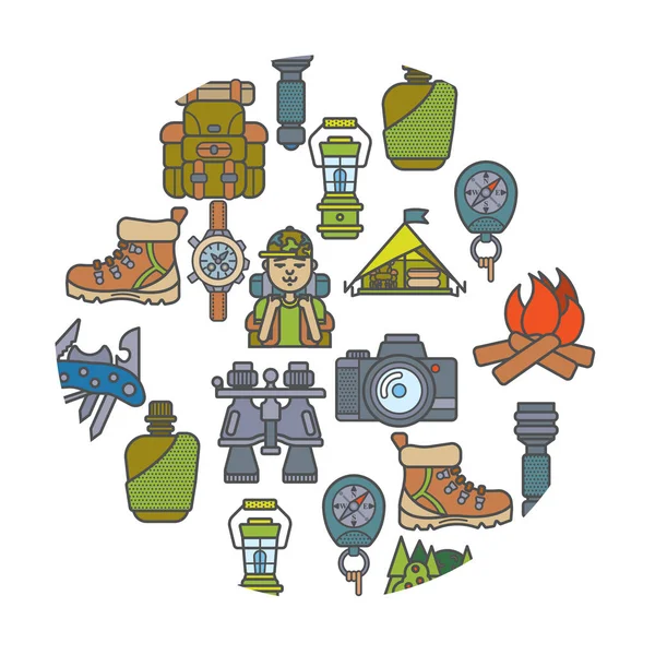 Hiking equipment and forest leasure vector icon set. Mountain hiking ...