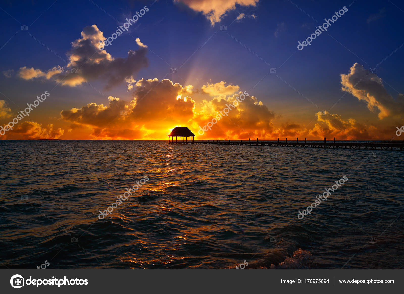 Holbox island sunset beach pier hut Mexico — Stock Photo © lunamarina ...